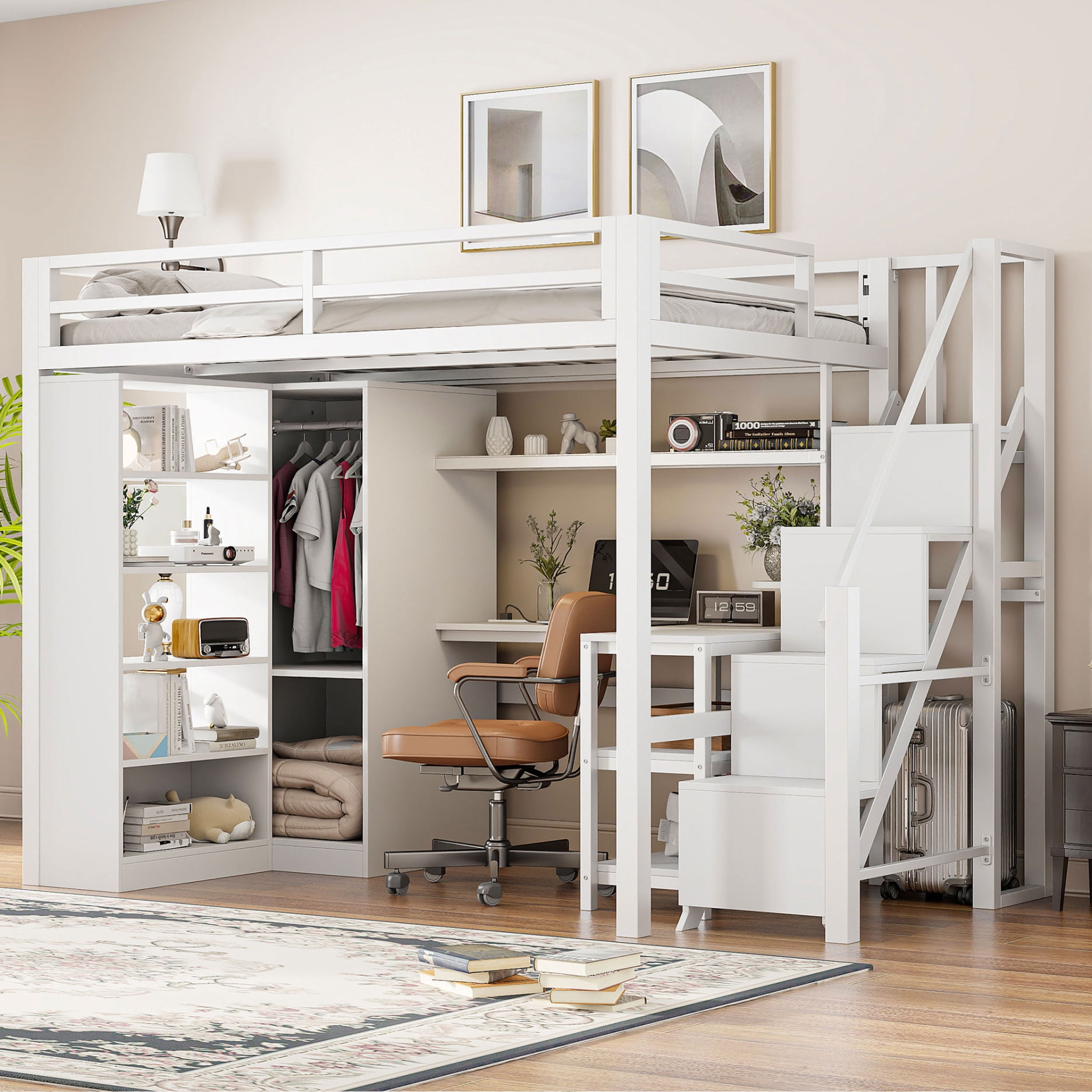 Modern Full Loft Bed With L-Shaped Desk, Two Storage Racks and Plugs ...