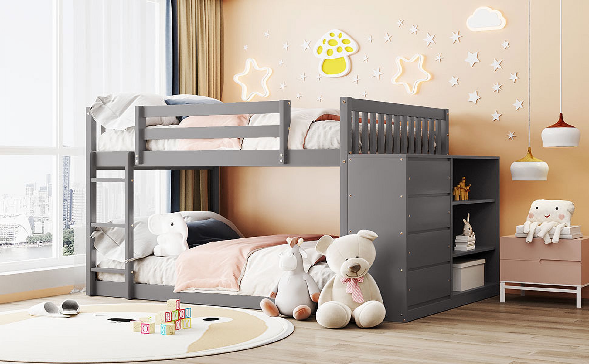 Modern Full Over Full Storage Low Bunk Bed with 4 Drawers and 3 Shelves ...