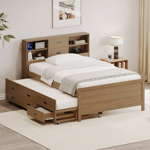 Modern Full Size Bed Frame, Walnut Solid Wood+MDF, Trundle Design ...