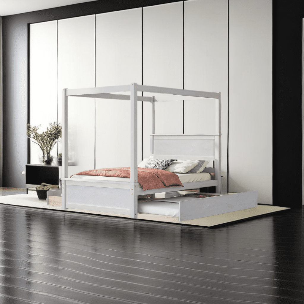 Modern Full Size Canopy Platform Bed with Support Slats, Wood Canopy ...