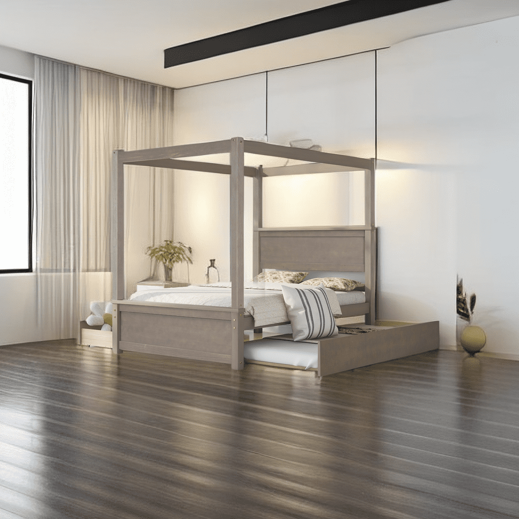 Modern Full Size Canopy Platform Bed with Support Slats, Wood Canopy ...