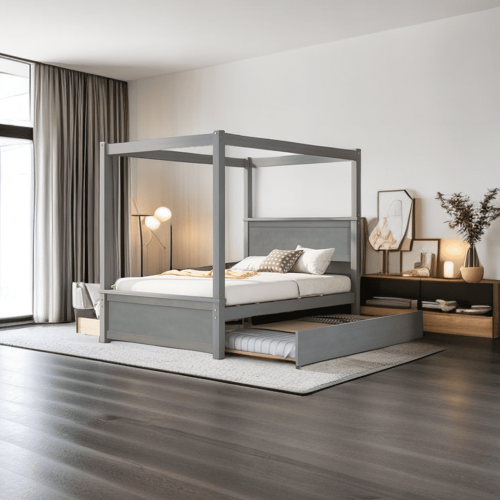 Modern Full Size Canopy Platform Bed with Support Slats, Wood Canopy ...