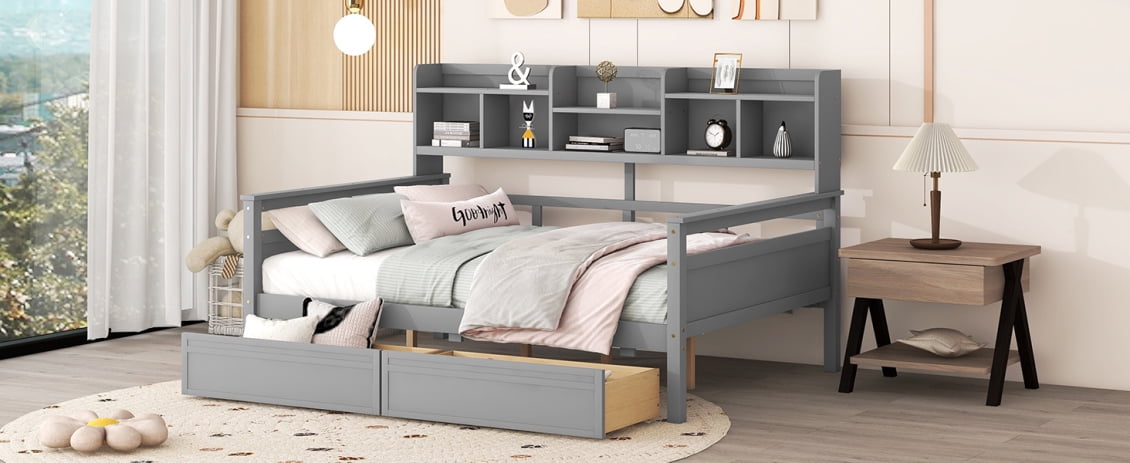 Modern Full Size Daybed with Bedside Shelves and 2 Storage Drawers ...