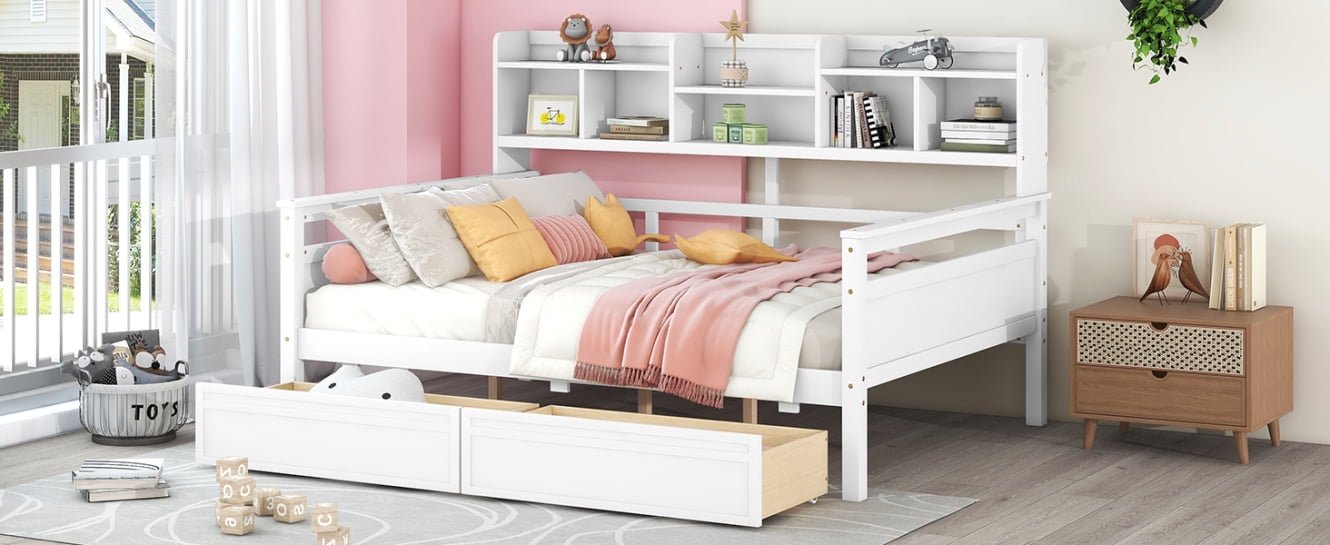 Modern Full Size Daybed with Bedside Shelves and 2 Storage Drawers ...