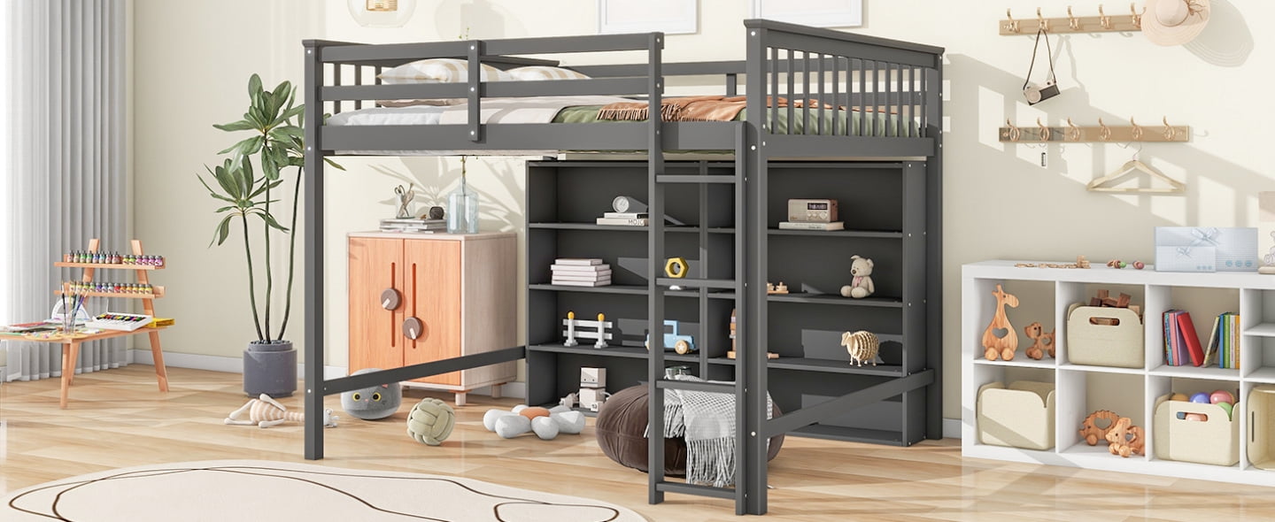Modern Full Size Loft Bed with 8 Under Bed Storage Shelves, Wooden Loft ...