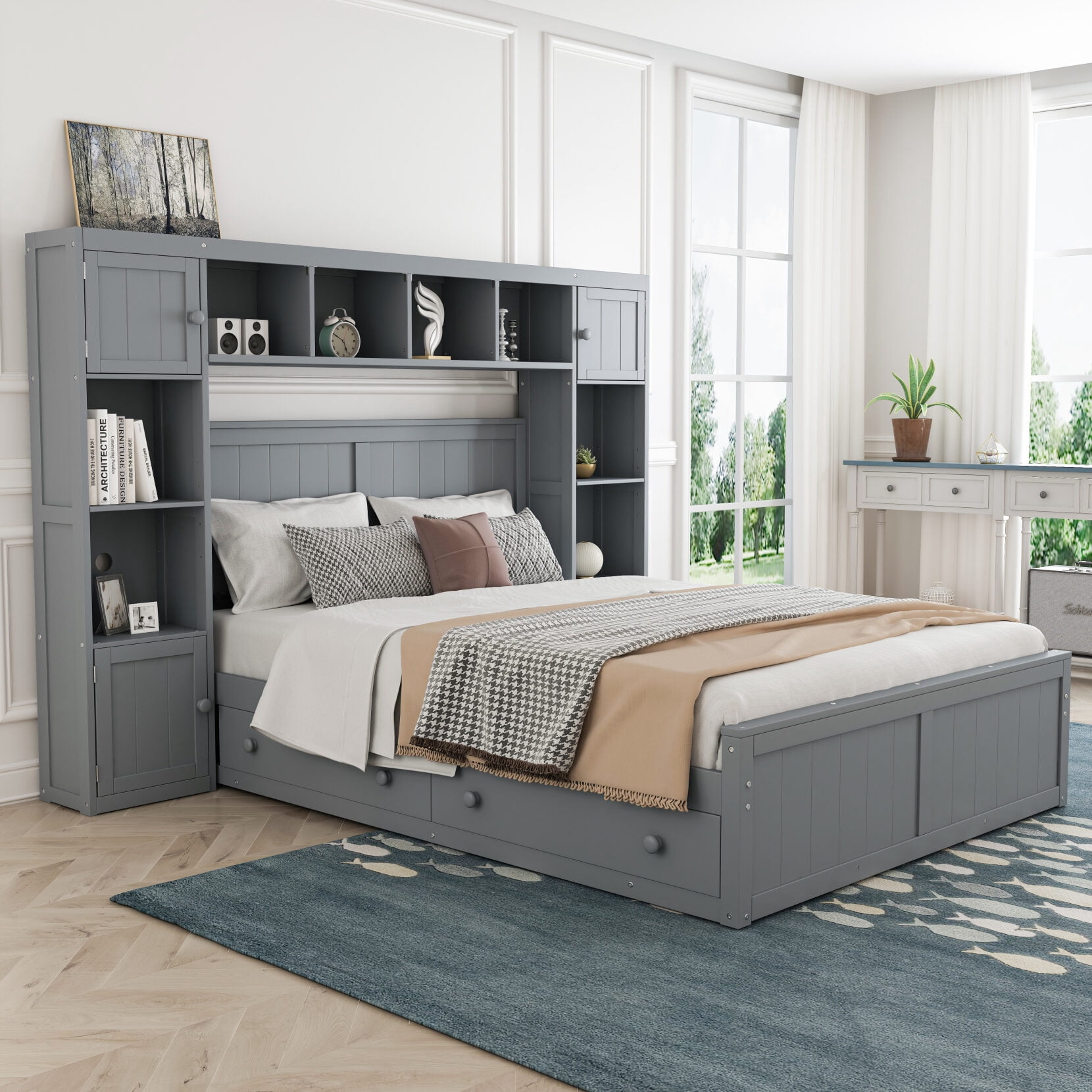Modern Full Size Platform Bed with Multi-functional Headboard and 4 ...