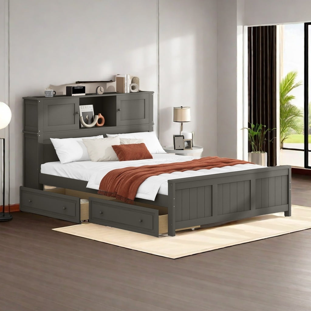 Modern Full Size Platform Bed with Storage Headboard and Sliding Door ...