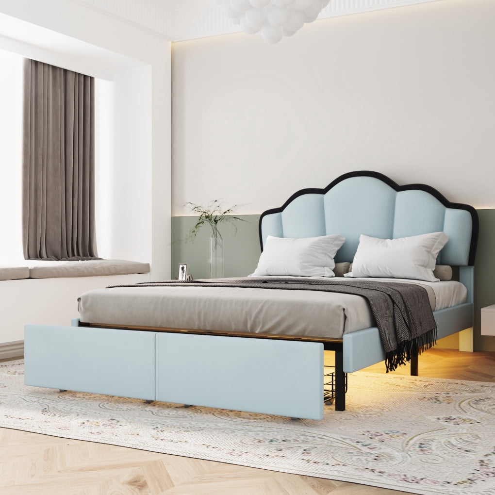 Modern Full Size Platform Bed with Velvet Seashell Shape Wingback, LED ...