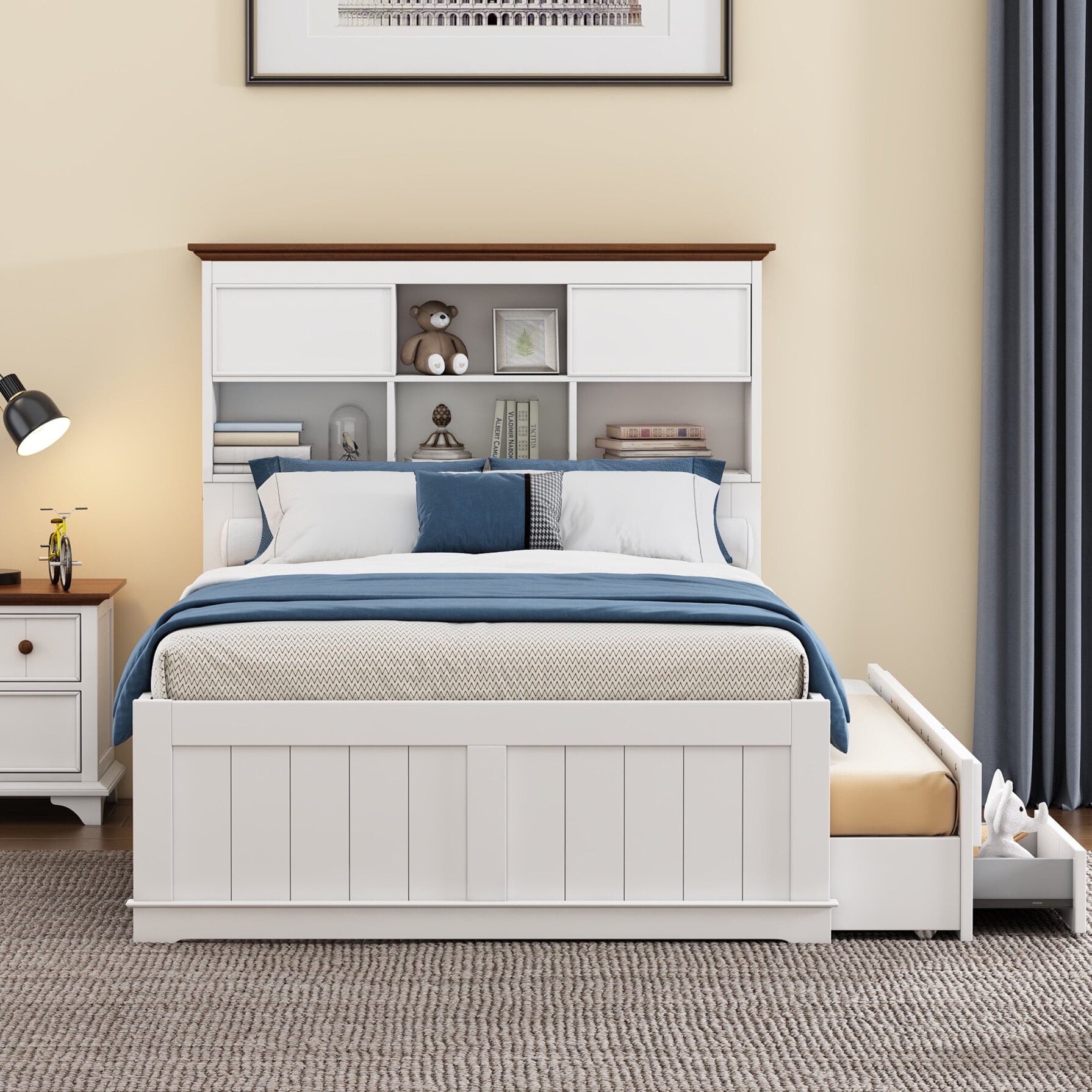 Modern Full Storage Bed Frame with Trundle, 3 Drawers & Bookcase ...
