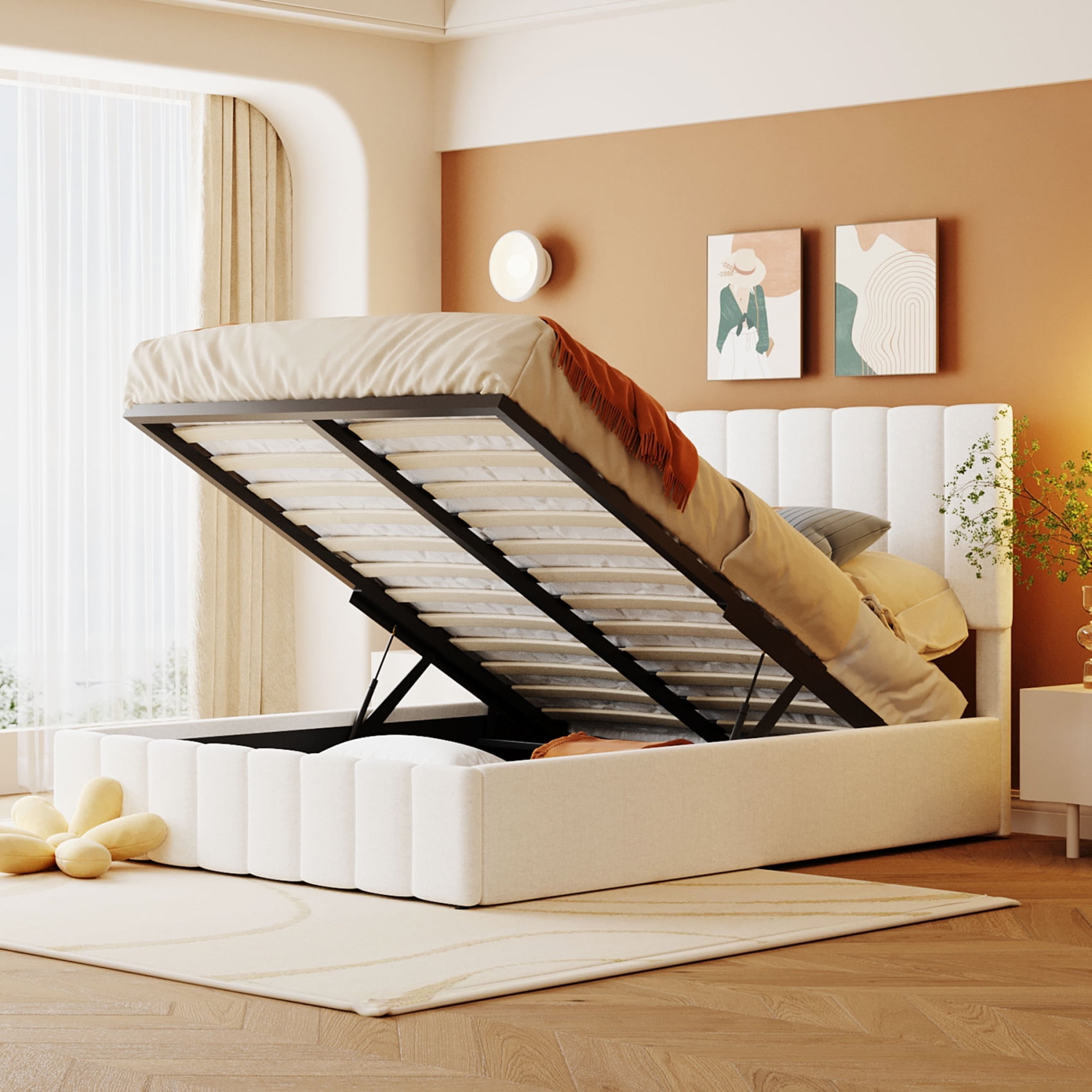 Modern Full Upholstered Storage Platform Bed with Wooden Frame and High ...