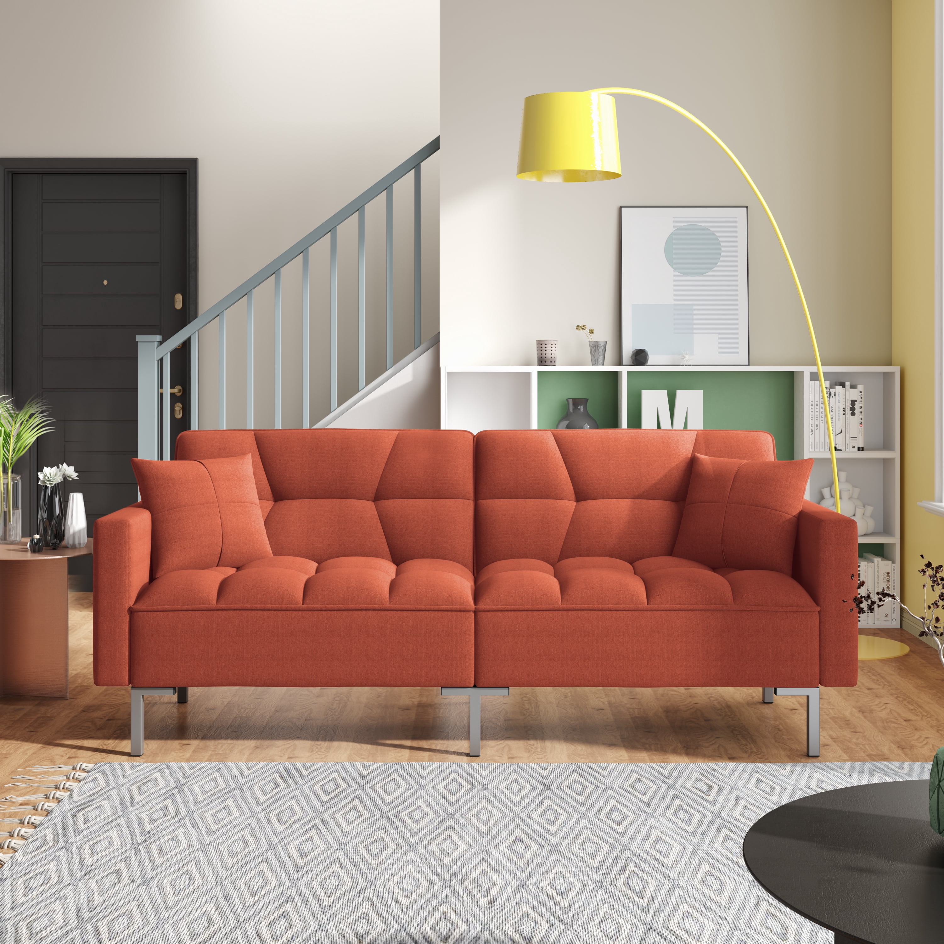 Modern Futon Sofa Bed with Armrest, Linen Upholstered Loveseat Sofa ...