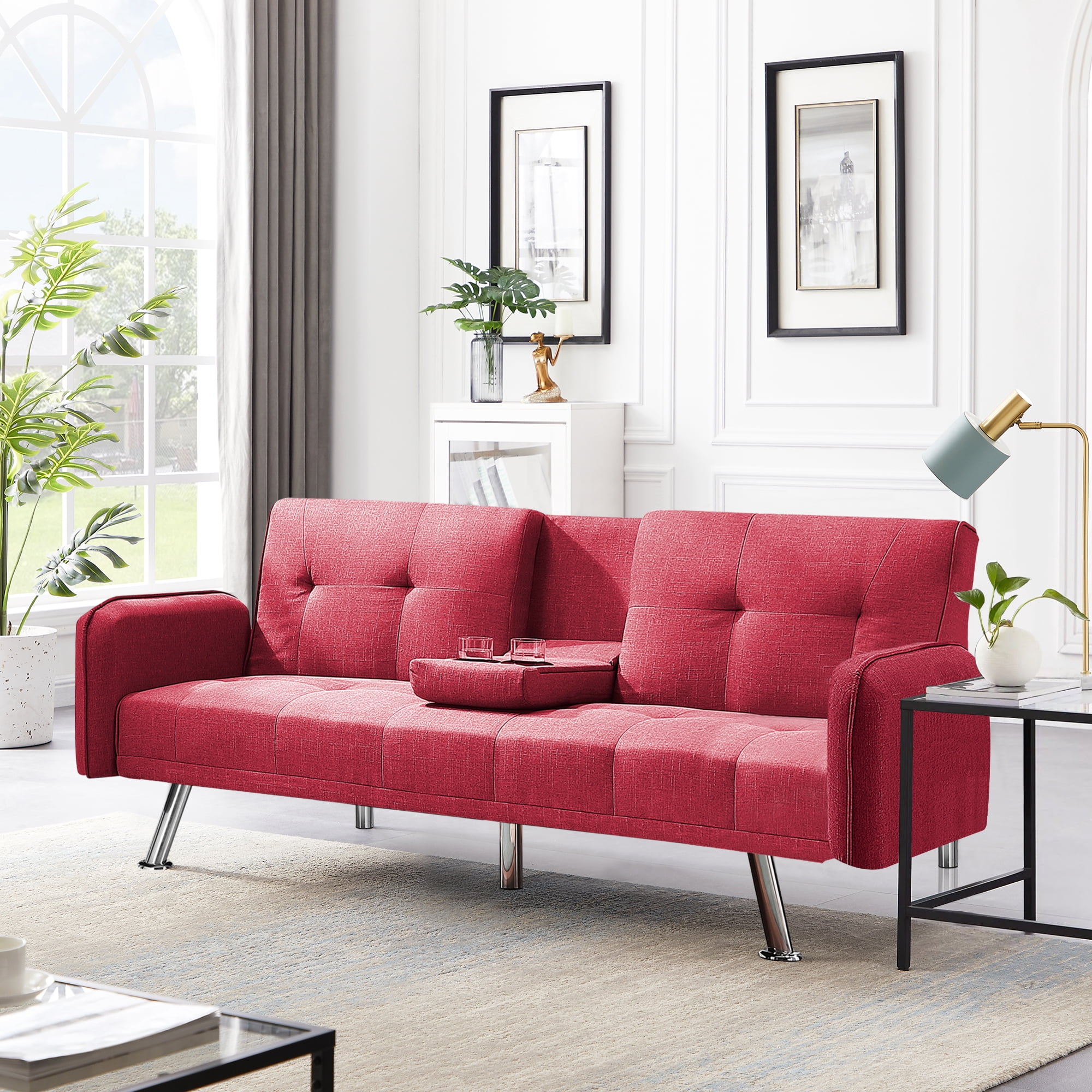 Red Modern Futon Sofa Bed, Linen Upholstered Convertible Couch with ...