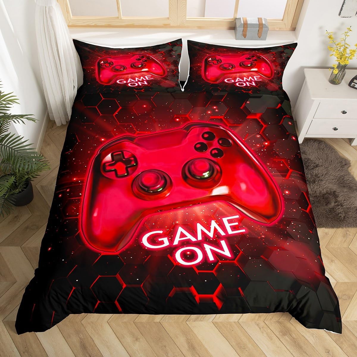 Modern Gamepad Reversible Duvet Cover,Red Geometry Gamer Comforter ...