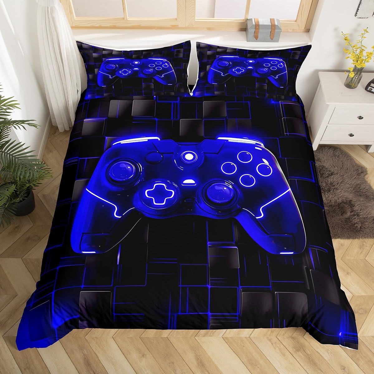 Modern Gamer Kids Duvet Cover Set Queen Size, Royal Blue Gaming Bedding ...