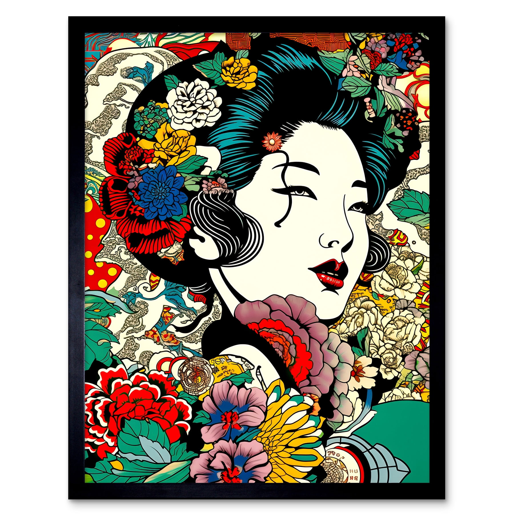 Modern Geisha Portrait Flower Patterns Bright Floral Japan Japanese ...