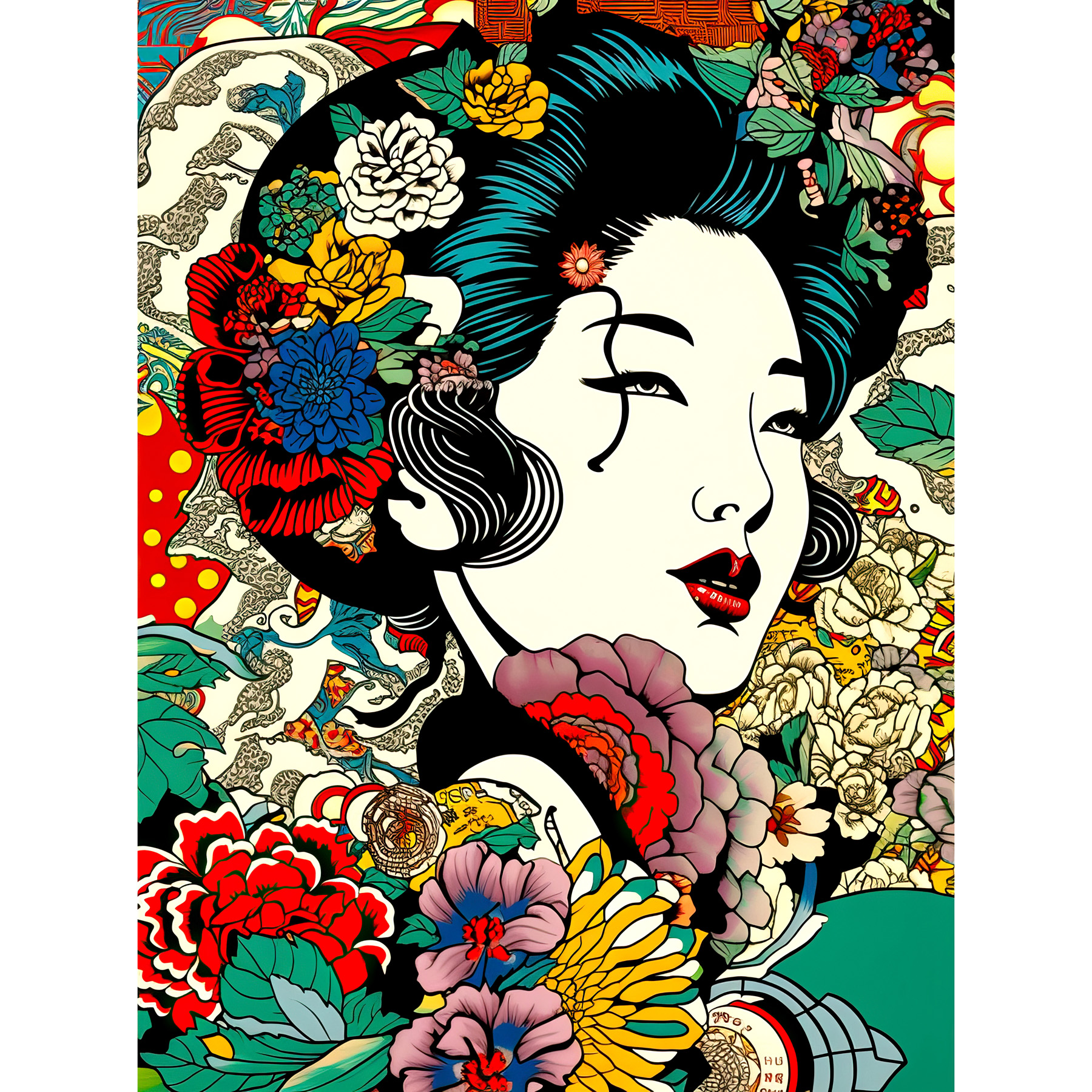 Modern Geisha Portrait Flower Patterns Bright Floral Japan Japanese ...