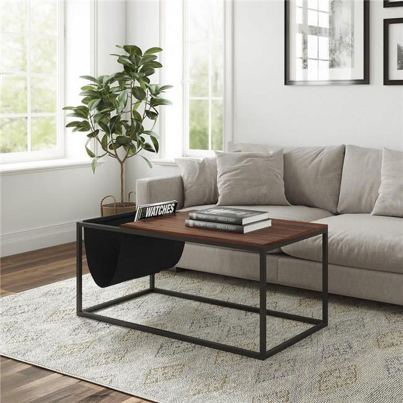 Modern Geo Black & Walnut Sofa Table with Magazine Holder - Walmart.com