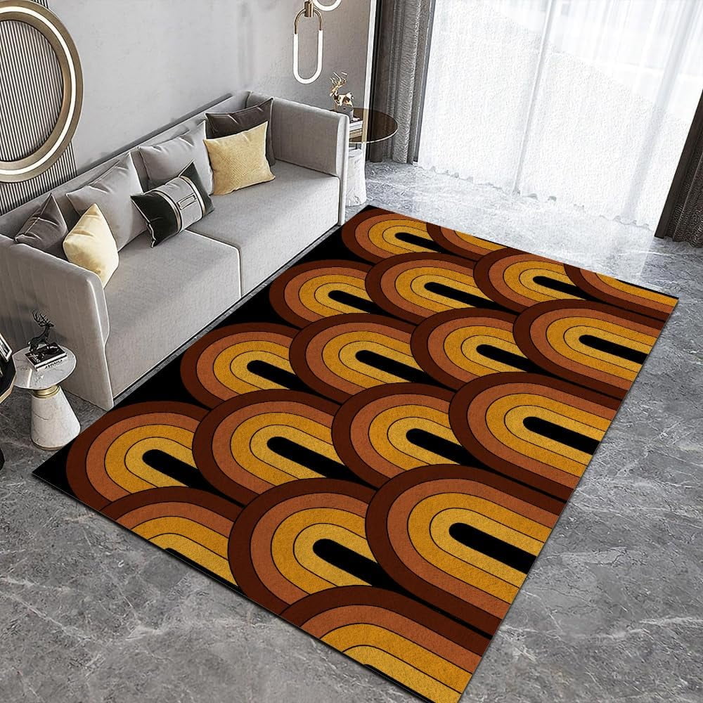 Modern Geometric Arch Pattern Rug, Black Yellow Orange Brown Washable ...