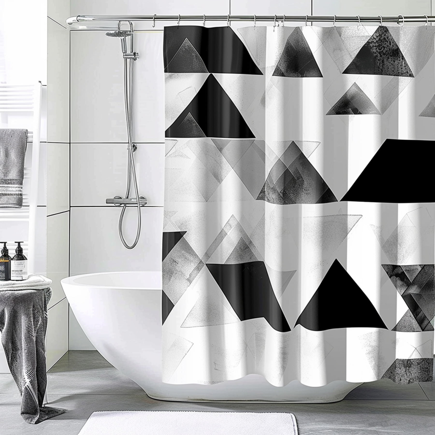Modern Geometric Black And White Shower Curtain With Large Triangles