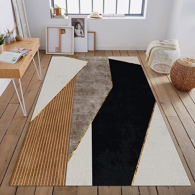 Modern Geometric Brown Gold Stripes Area Rugs, Abstract Black And White ...