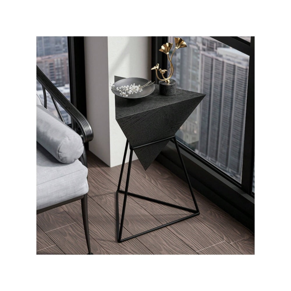Modern Geometric End Table With Wooden Top And Metal Base, Unique ...
