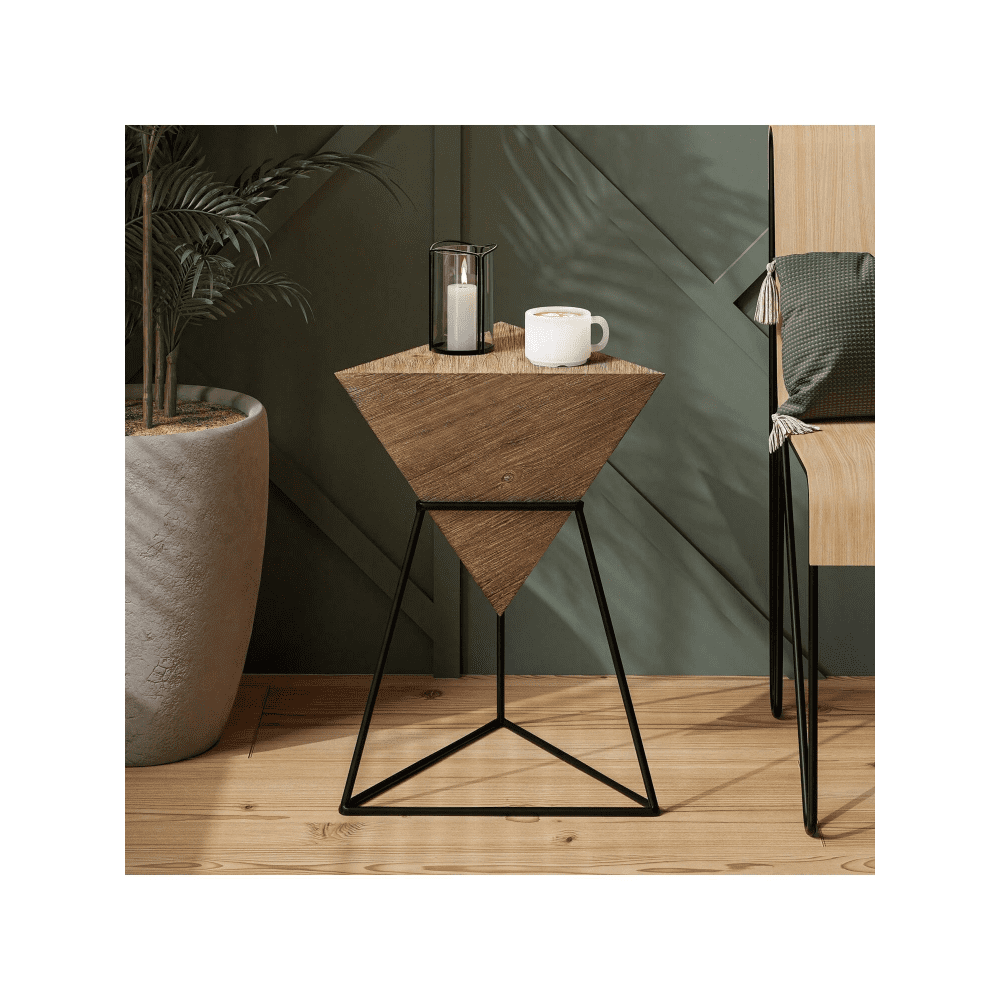 Modern Geometric End Table With Wooden Top And Metal Base, Unique ...