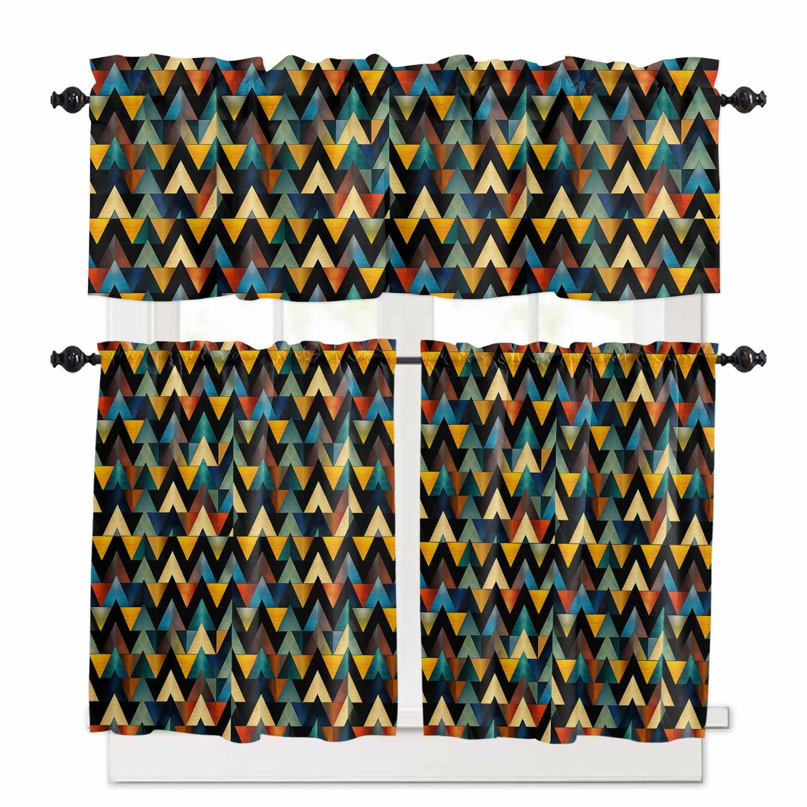 Modern Geometric Kitchen Curtains and Valances Set, Rod Pocket Curtains ...