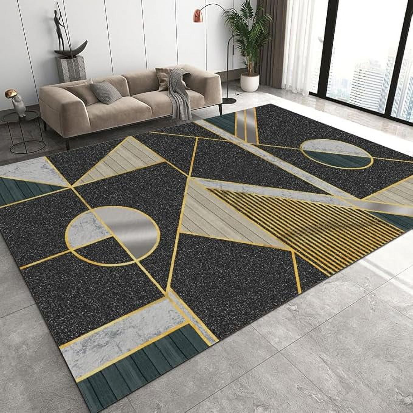 Modern Geometric Pattern Area Rug, Classic Geometric Black Gold Living ...