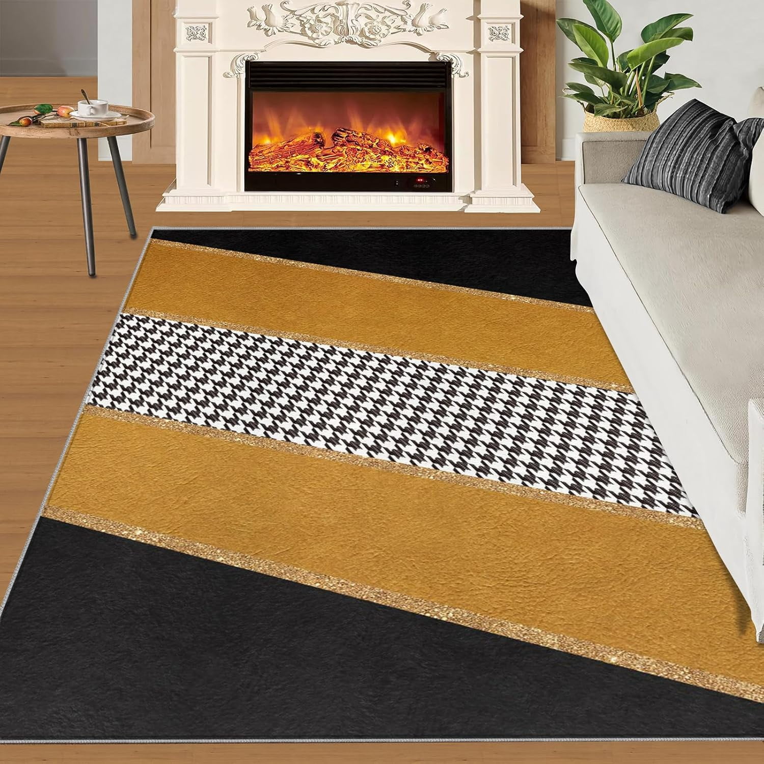 Modern Geometric Rug ，Retro Black White Striped Plaid Gold Rug ，Dorm ...