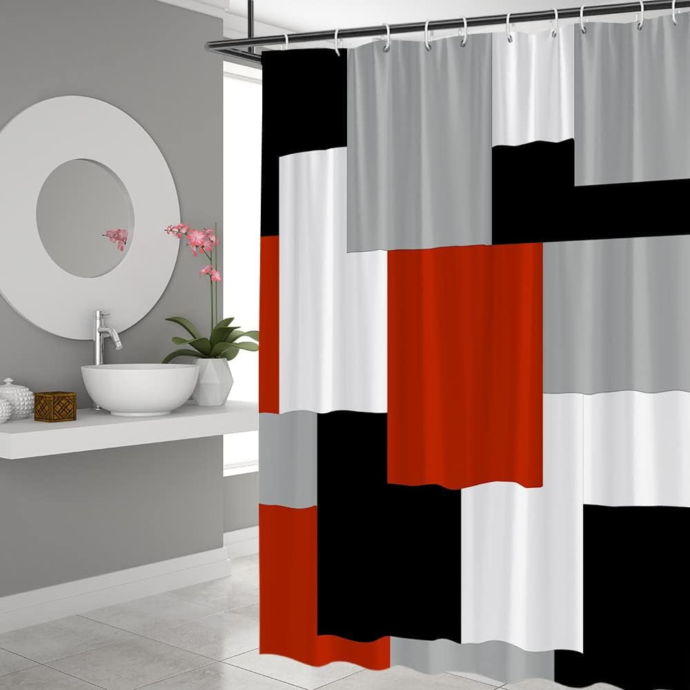Modern Geometric Shower Curtain Mid Century Abstract Red Gray Black ...