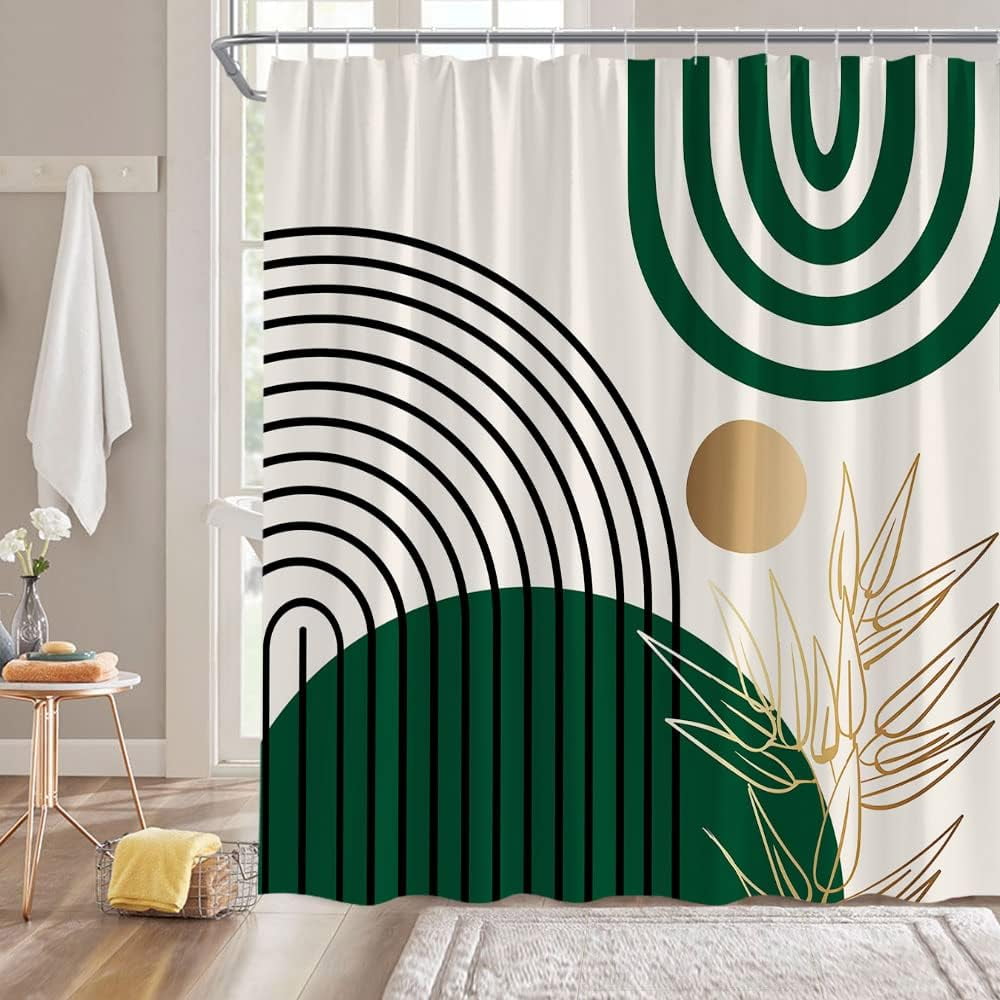 Modern Geometric Shower Curtain Sage Green Abstract Geometric Arch Sun Gold Leaves Aesthetic Mid ...