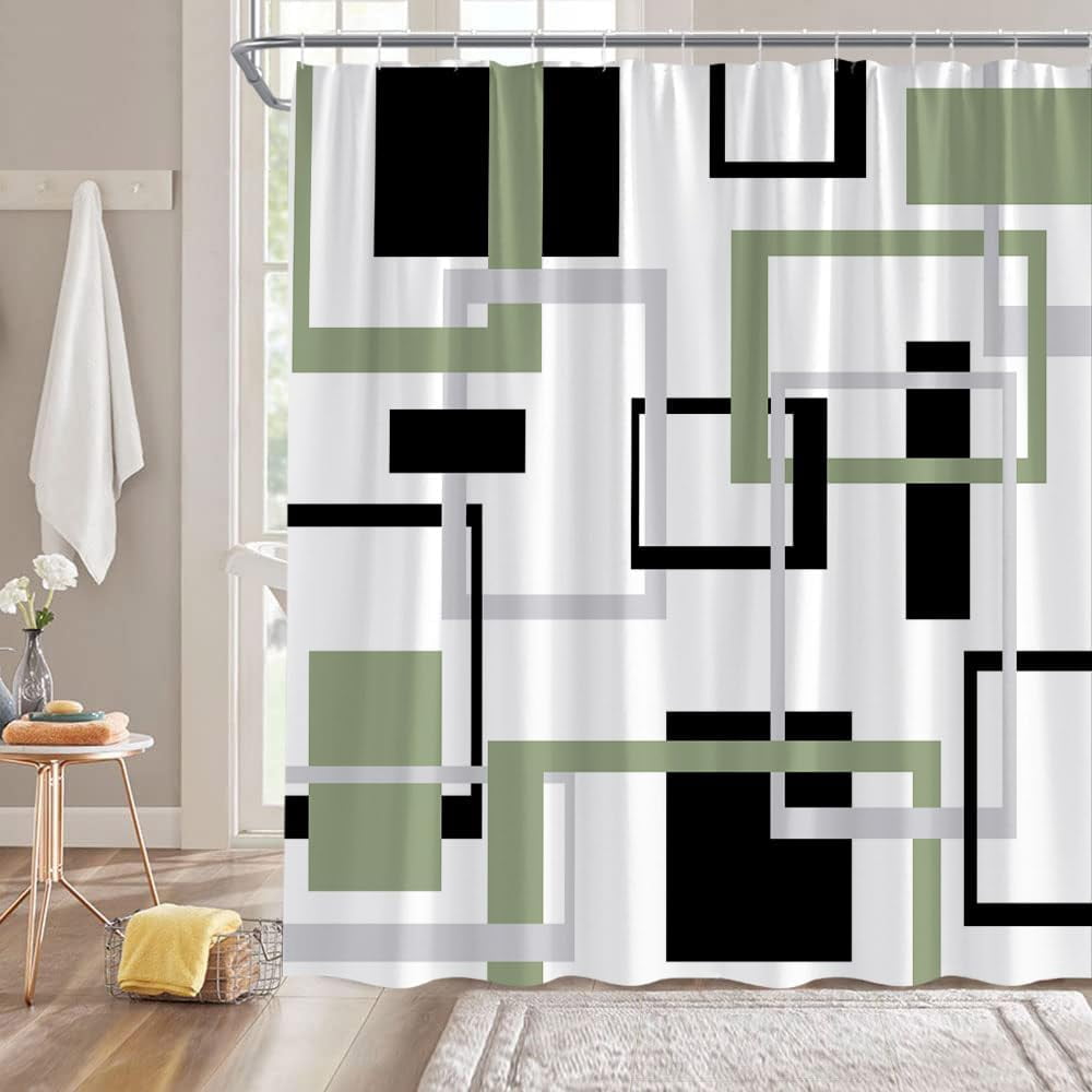Modern Geometric Shower Curtain Sage Green Gray Black Abstract Boho ...