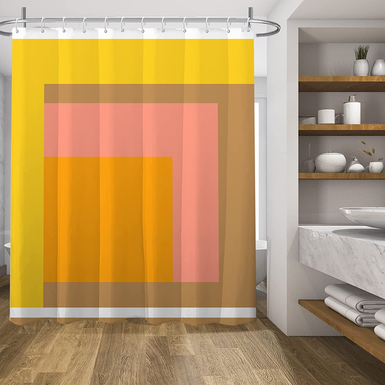 Modern Geometric Shower Curtain Set for Bathroom Orange Yellow Pink Flat Art Shower Curtain ...