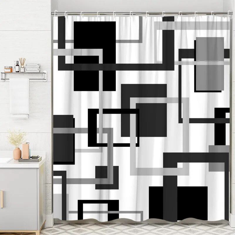 Modern Geometric Shower Curtain With Striped Curves Black And White