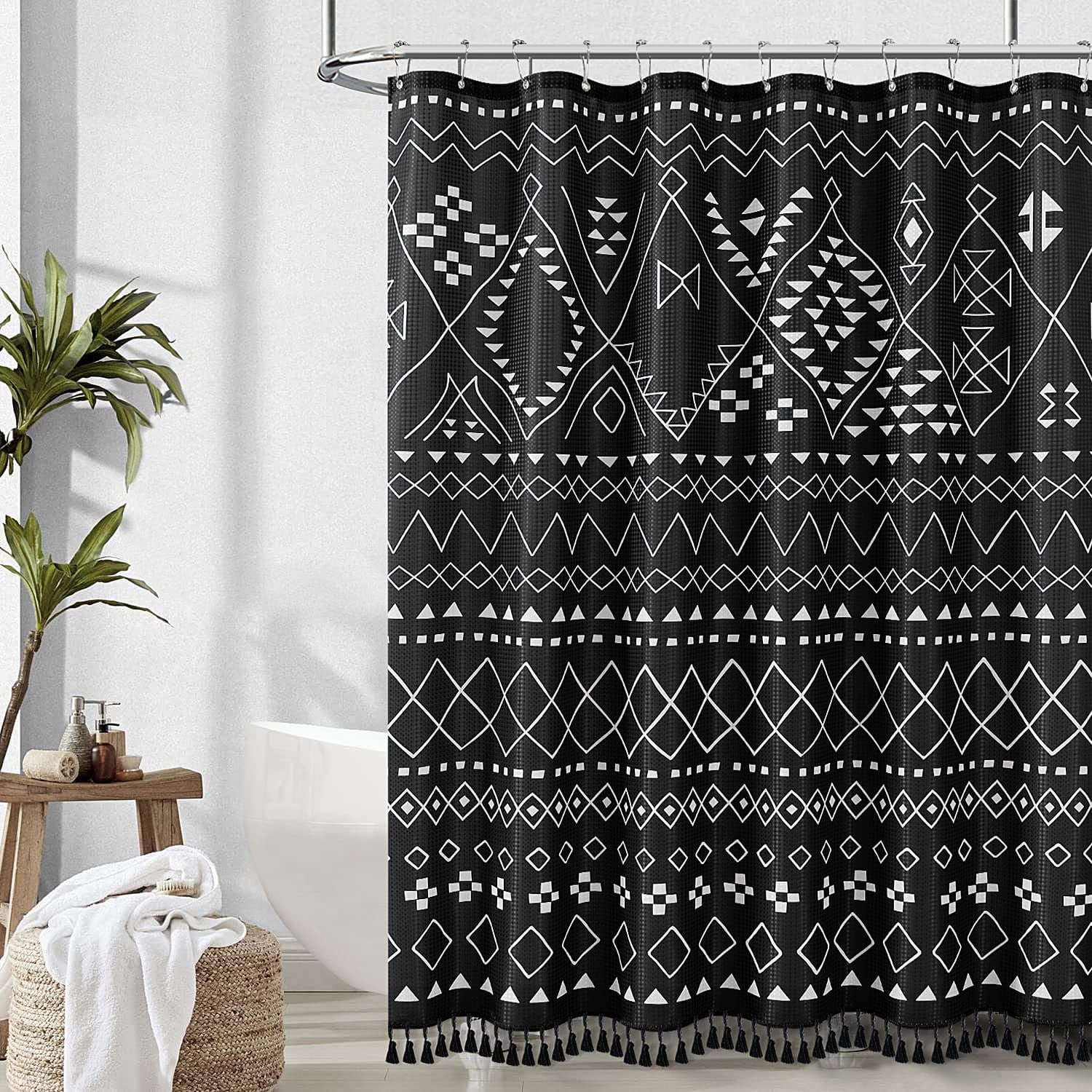 Modern Geometric Shower Cutains Green and White Coastal Decor Bath Ideas Summer Ocean Beach ...