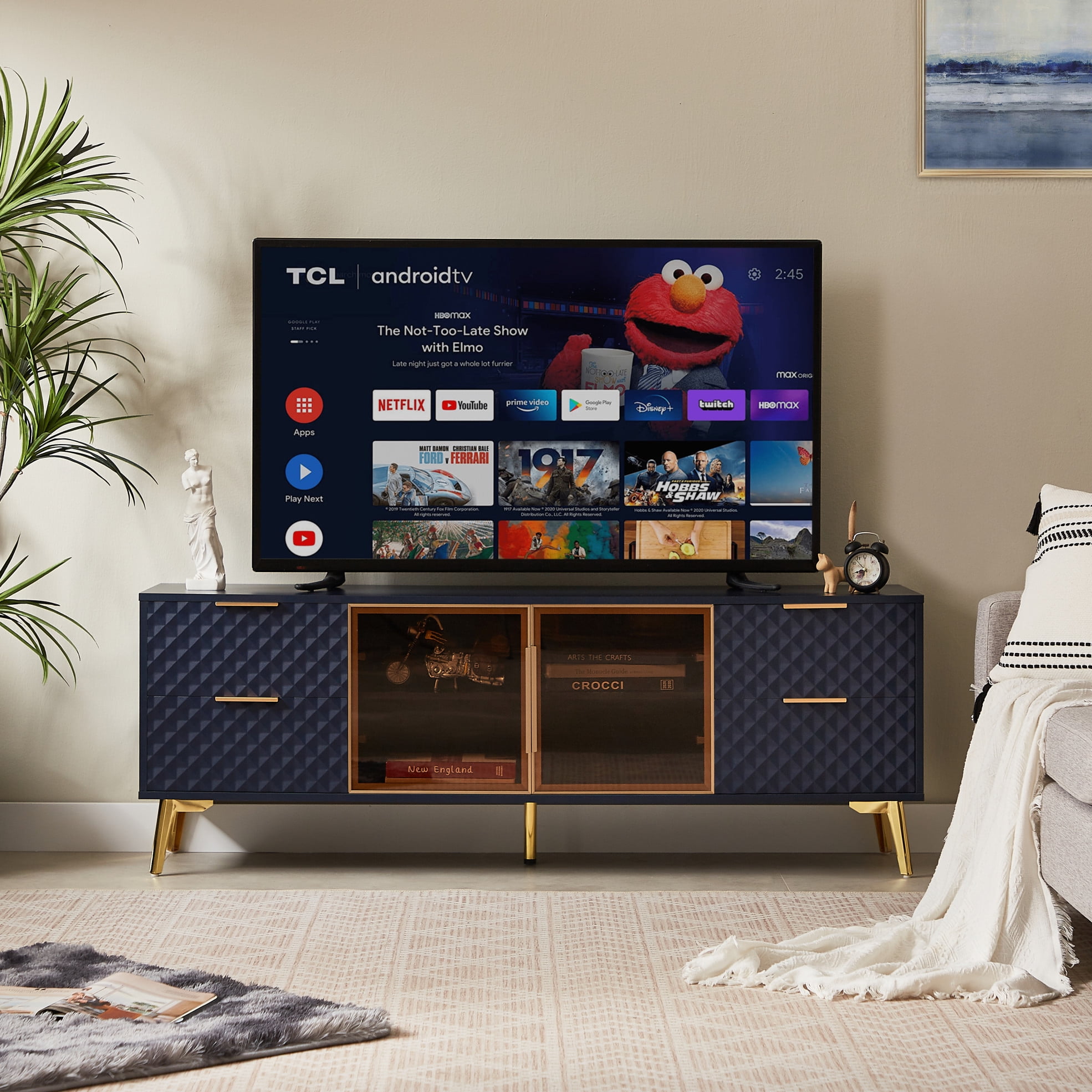 Modern Geometric TV Stand with 4 Drawers & Tempered Glass Doors ...