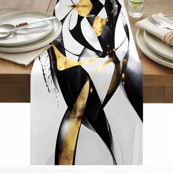 Modern Geometric Table Runner 13x90 inch Black and Gold Line Cotton ...