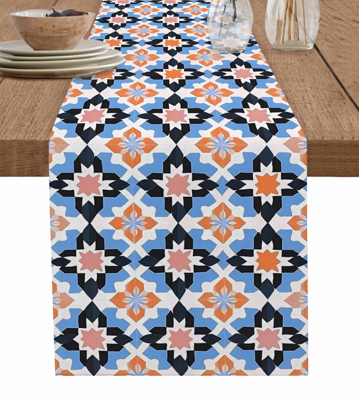 Modern Geometric Table Runner 70 Inches, Colorful Abstract Flowers ...