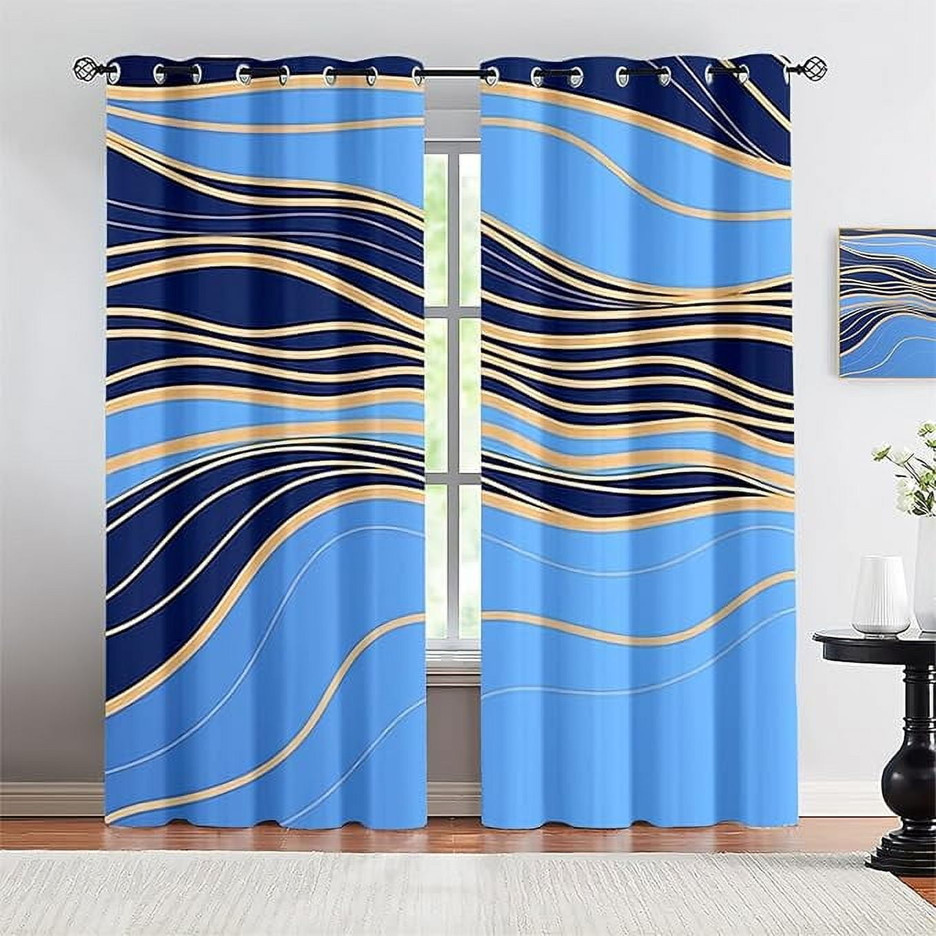 Modern Geometric Wavy Lines Blackout Curtains, Navy Blue Gradient ...