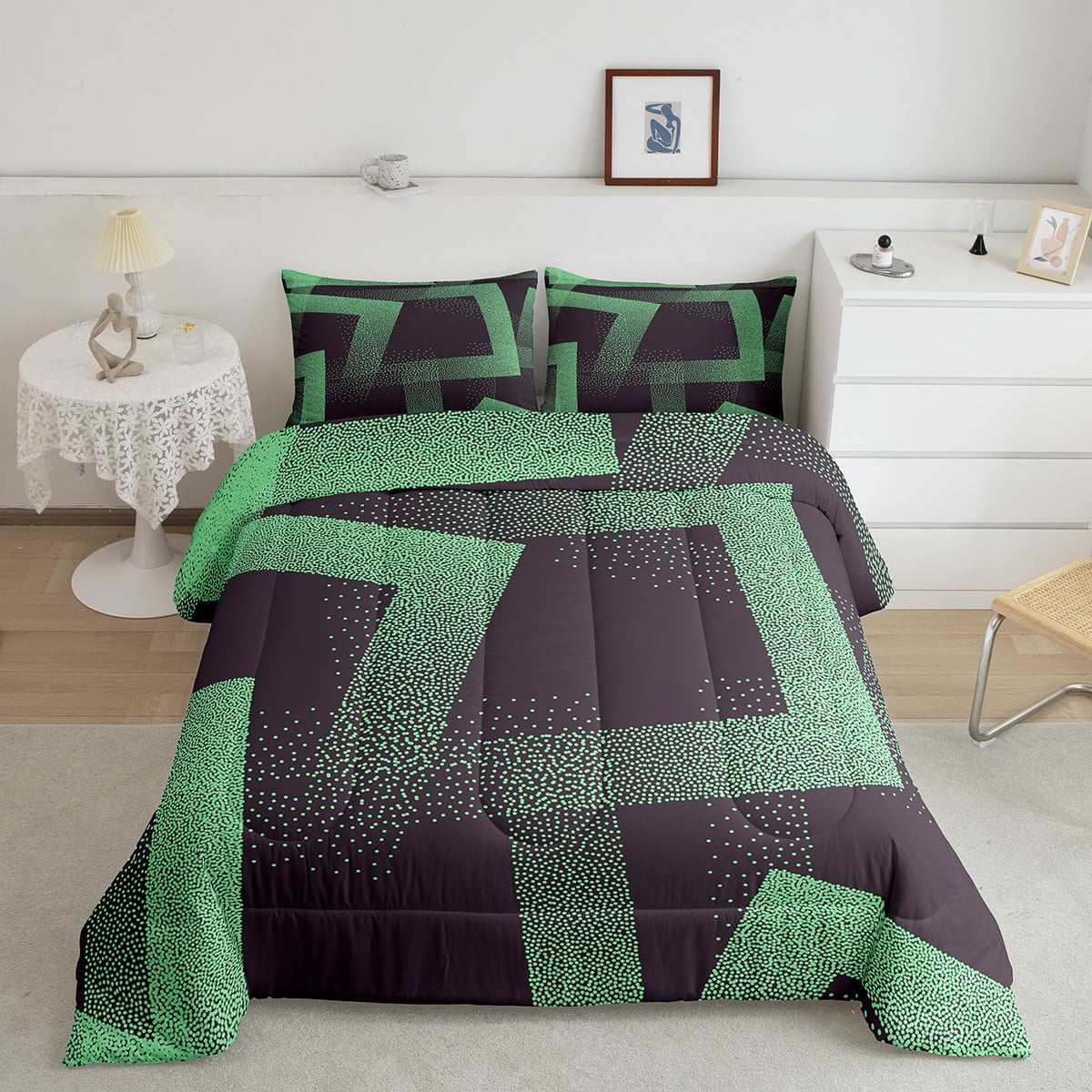Modern Geometry Bedding Comforter Sets Geometric Dotted Squares Bedding, Vintage Grunge Abstract ...