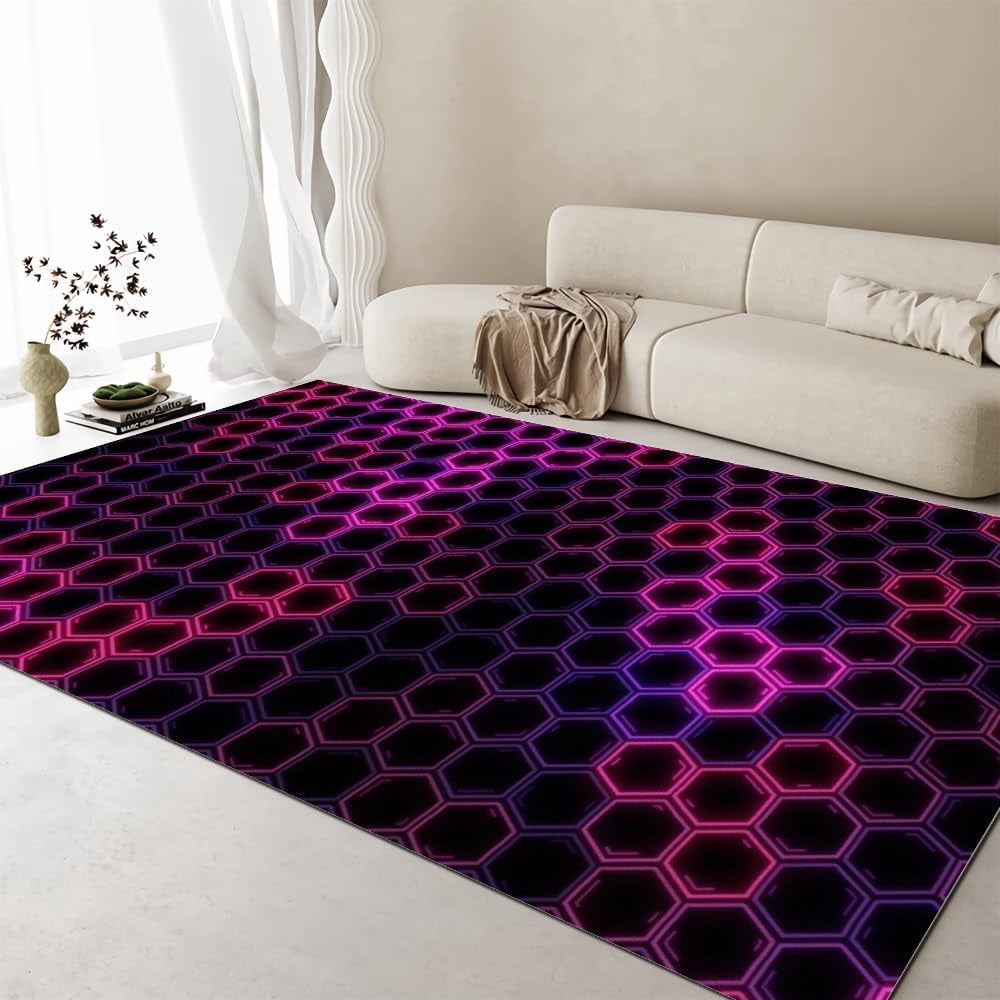 Modern Geometry Hexagon Theme Area Rug, Purple Neon Style Cool Design ...