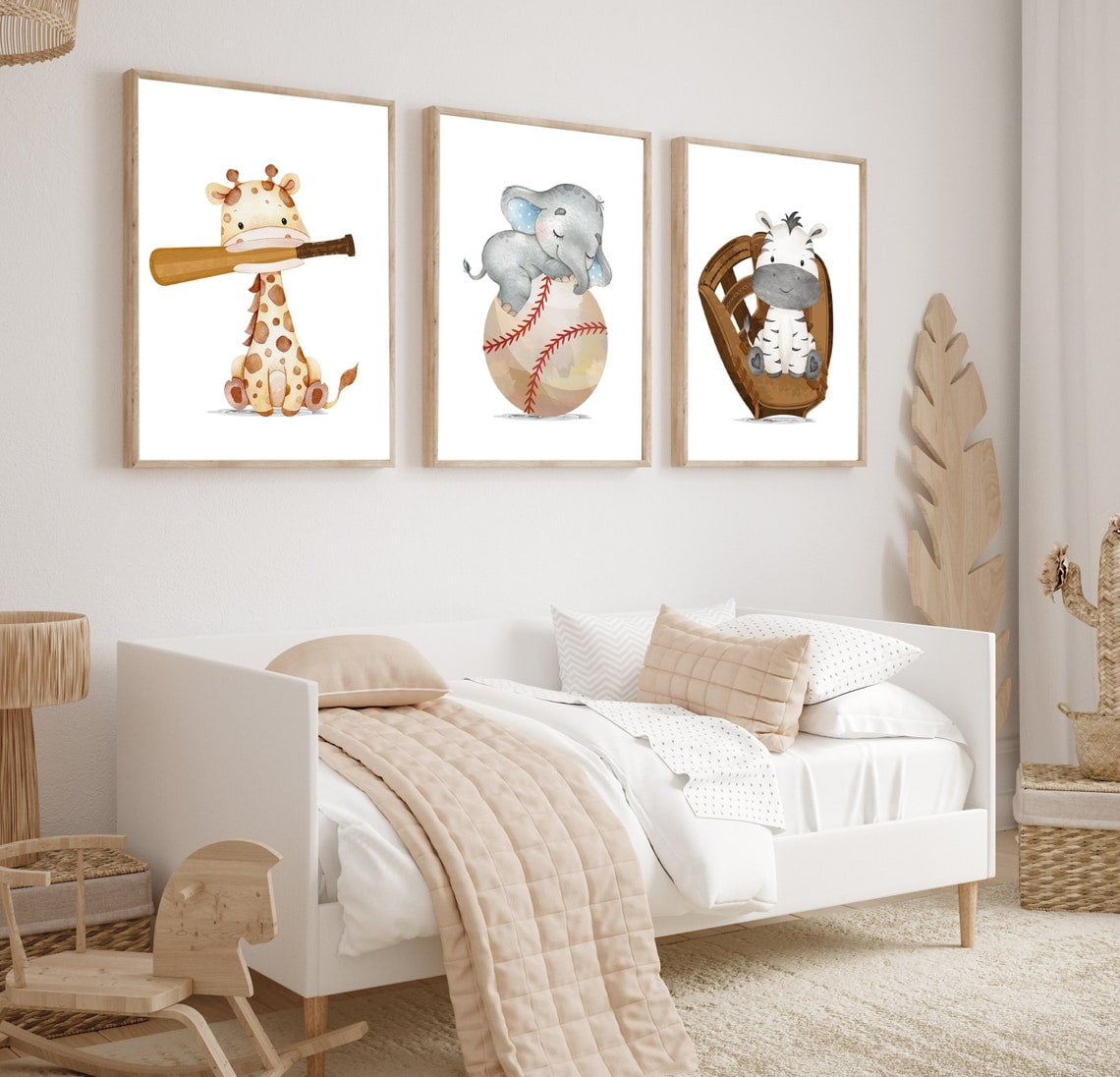 Modern Giraffe Zebra Elephant Wall Art Set of 3 Baseball Print Animal ...