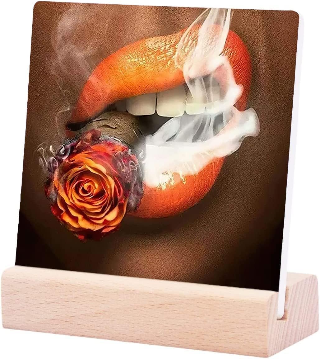 Modern Girl Smoking Paintings Printed On Plaque Orange Lips Ceramic ...