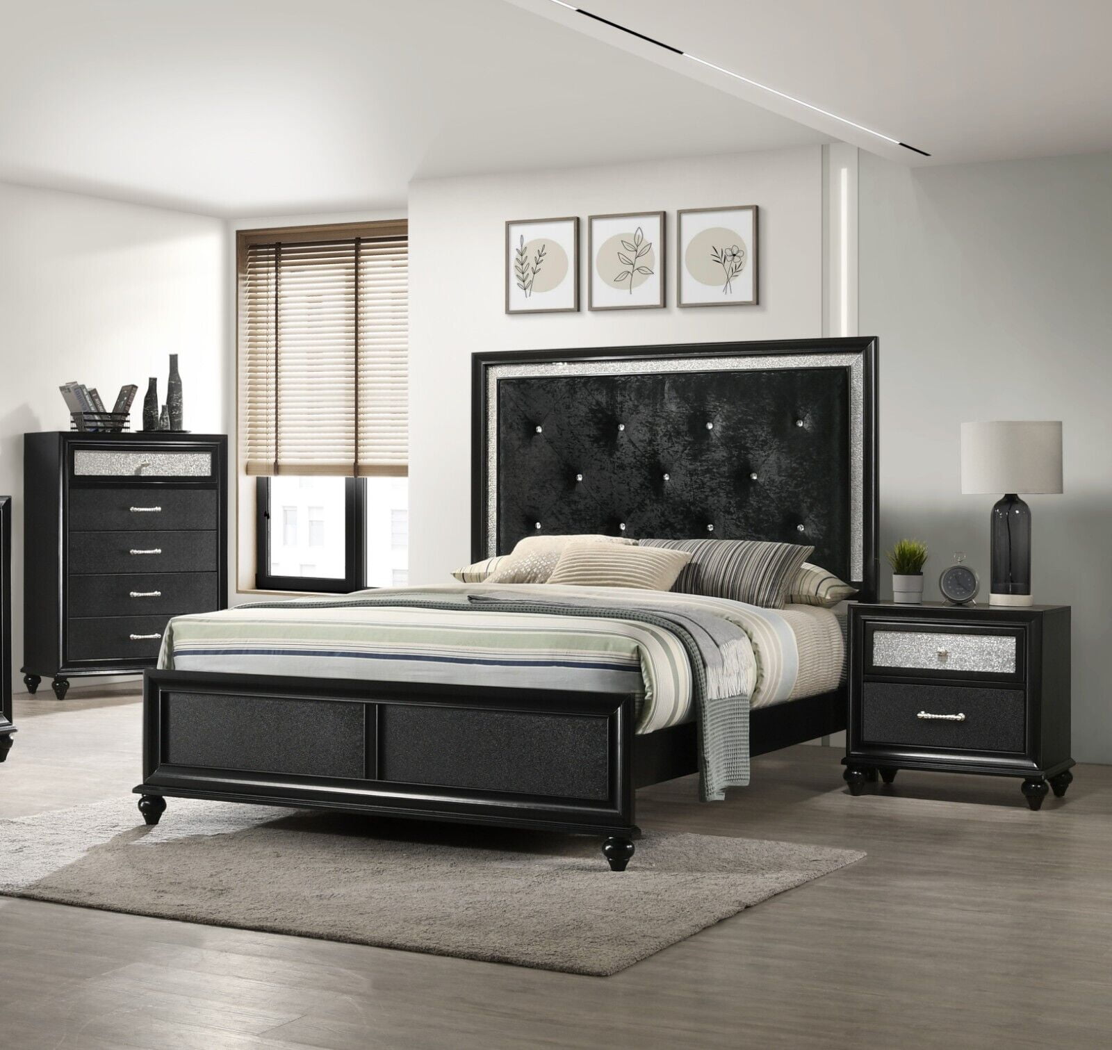 Modern Glam 3pc Queen Size Bedroom Set with Diamond Tufted Headboard ...