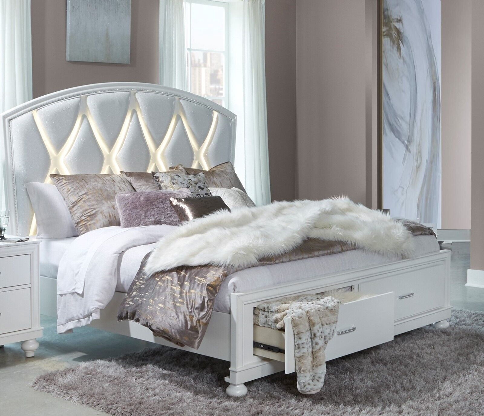 Modern Glam Queen Size Platform LED Light Bed Footboard Drawers White ...