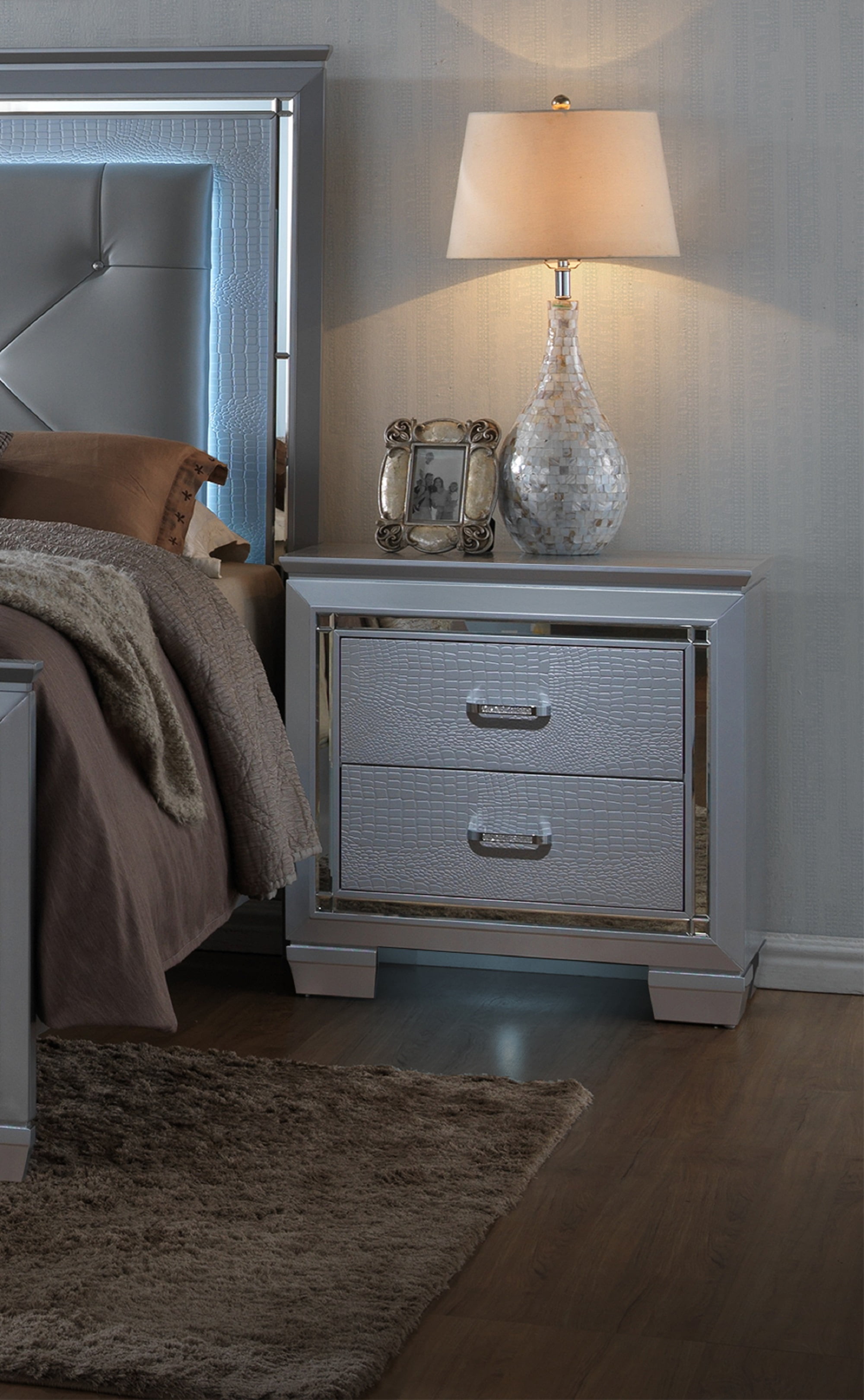 Modern Glam Silver Nightstand with 2 Drawers, Built-in Night Light ...