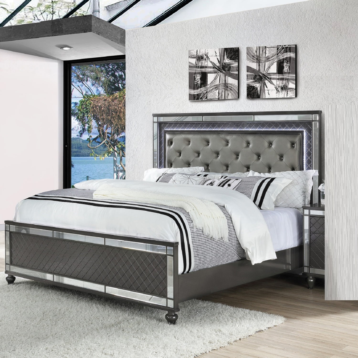 Modern Glam Style Queen Size Upholstered Headboard with LED Lights Gray ...