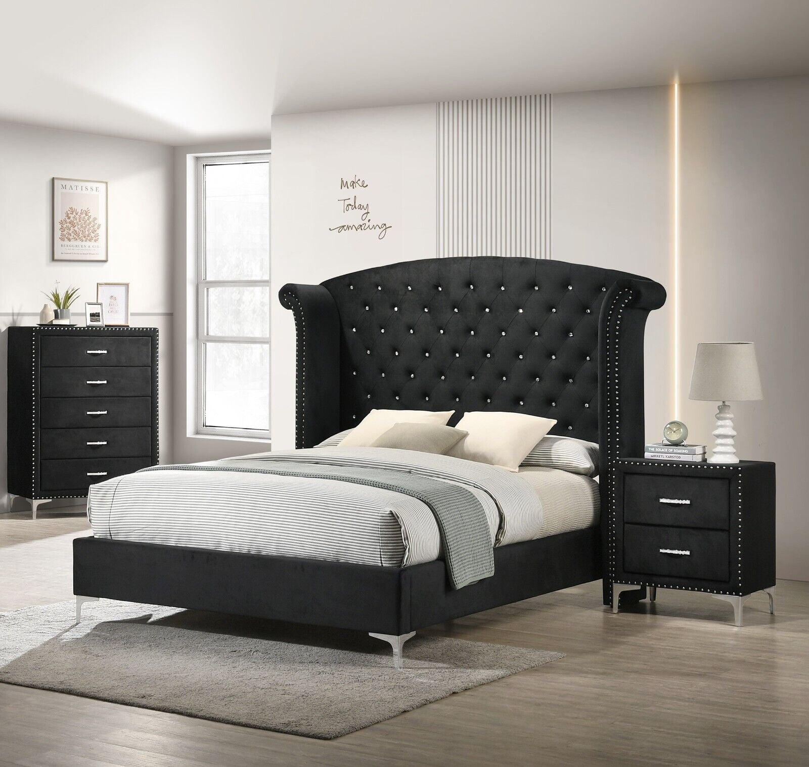 3pc Modern Glam King Size Storage Bedroom Set - Chest, Nightstand, Bed ...