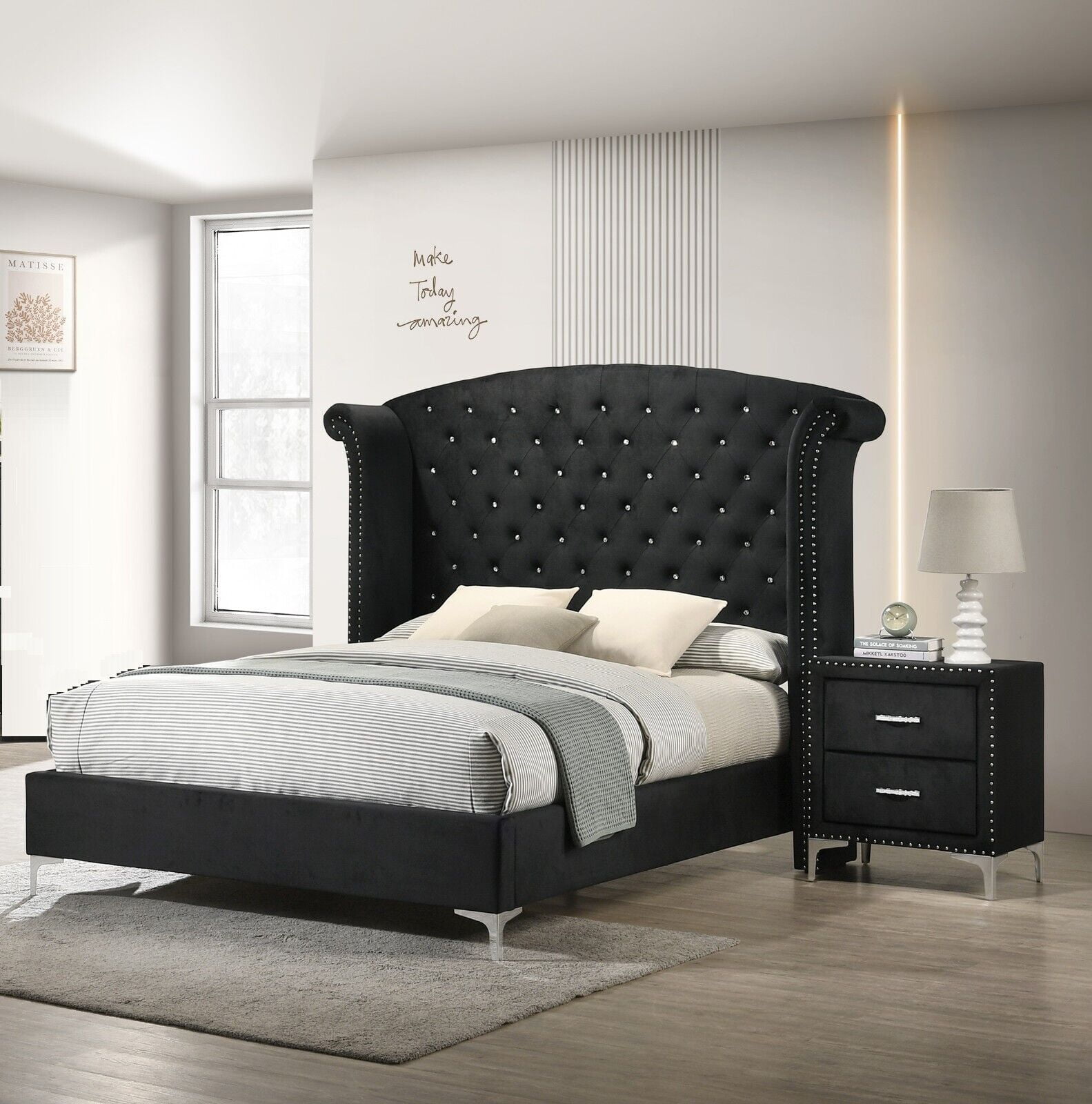 Modern Glamourous Style 3pc King Size Bed and 2x Nightstands Bedroom ...