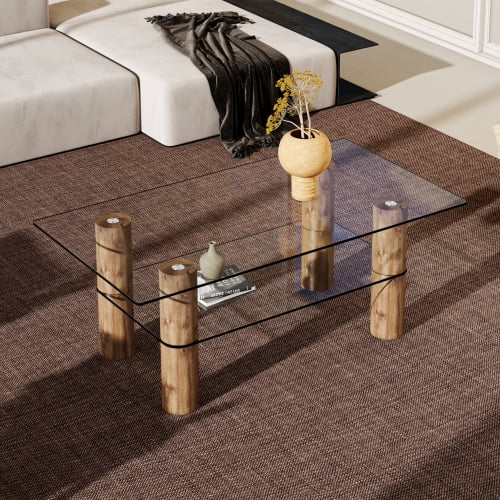 Modern Glass Coffee Table, Rectangle Tempered Glass Table for Living ...